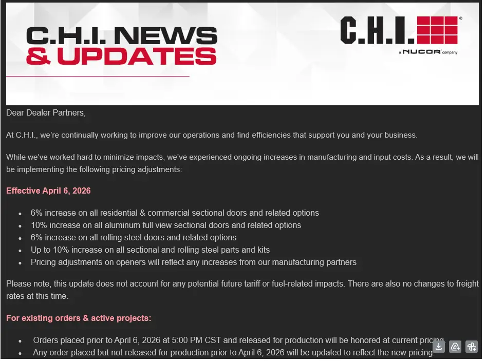C.H.I. Raises Garage Door Prices 6% on April 6, 2026