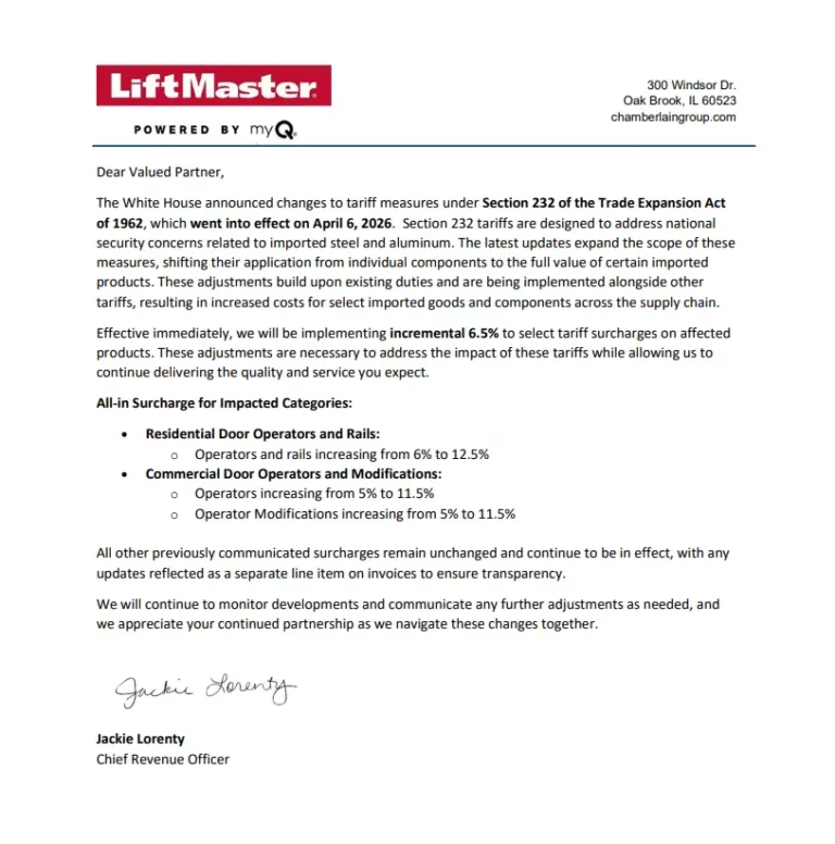 LiftMaster 6.5% Opener Surcharge April 2026 | Firstline